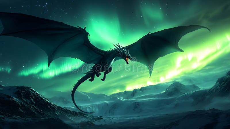 A Giant Dragon Flying Under the Northern Lights Stock Illustration ...