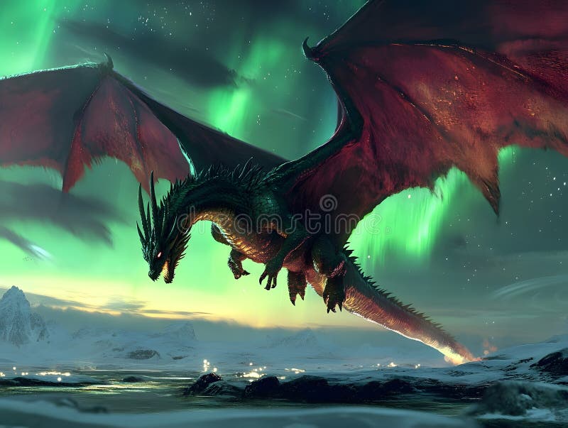 A Giant Dragon Flying Under the Northern Lights Stock Illustration ...