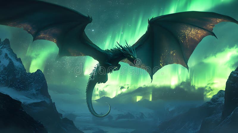 A Giant Dragon Flying Under the Northern Lights Stock Illustration ...