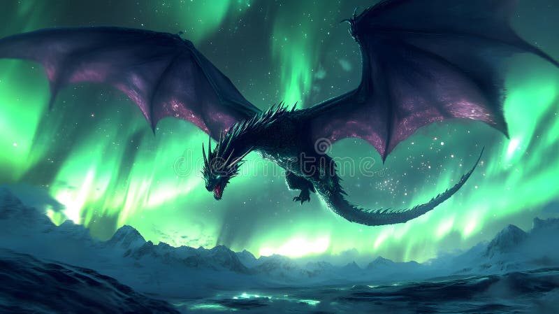 A Giant Dragon Flying Under the Northern Lights Stock Illustration ...