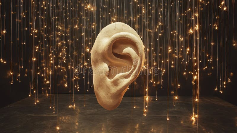 Giant Ear Installation with Sparkling Lights in a Dark Room Stock ...