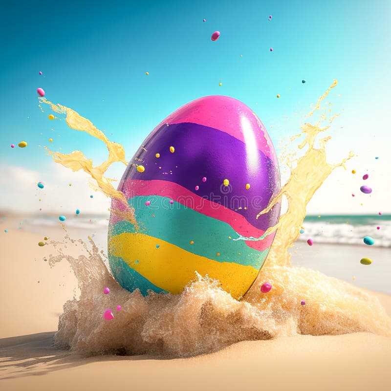 Giant Easter Egg with Splash Effect on the Beach Stock Illustration ...