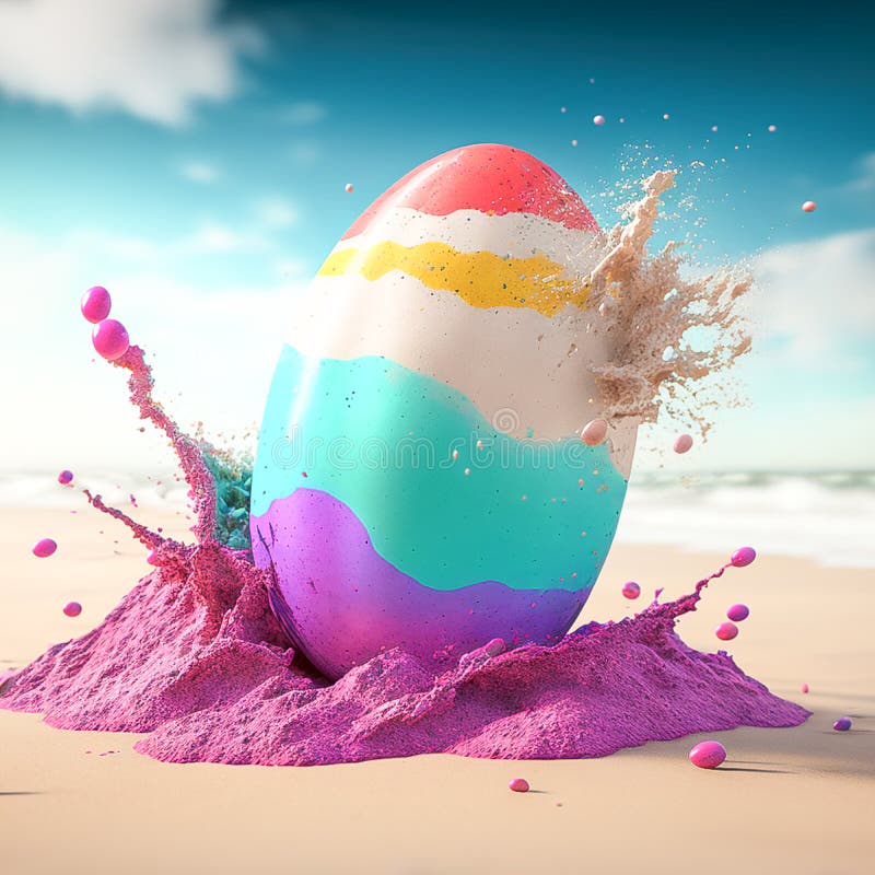 Giant Easter Egg with Splash Effect on the Beach Stock Illustration ...