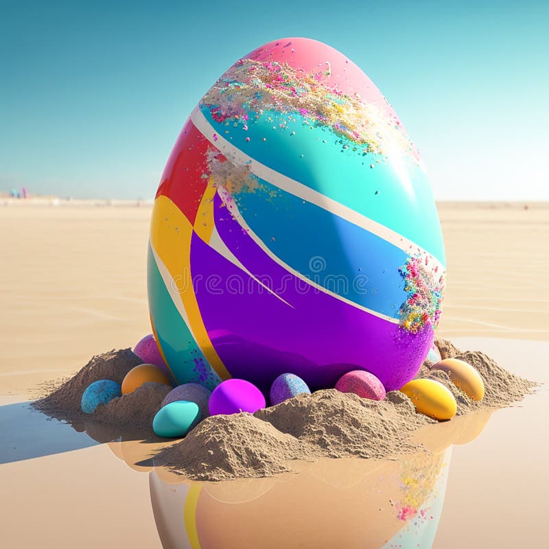 Giant Easter Egg with Splash Effect on the Beach Stock Illustration ...