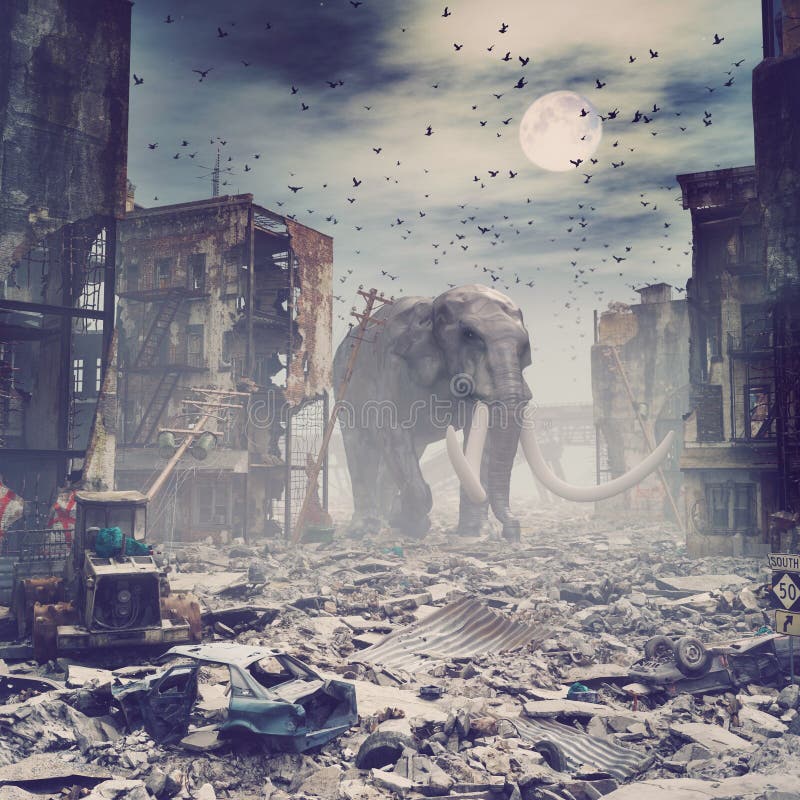 Giant Elephant in Destroyed City Stock Illustration - Illustration of ...