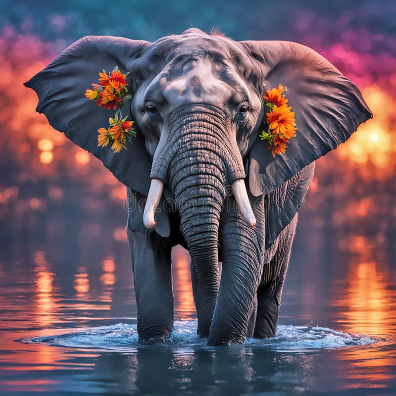 A Giant Elephant with Flowers in Water. AI Generated Illustration Stock ...
