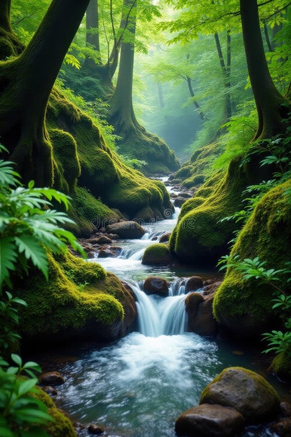 Giant Ferns and Moss Covered Rocks Frame Tumbling Water , Image, Tree ...