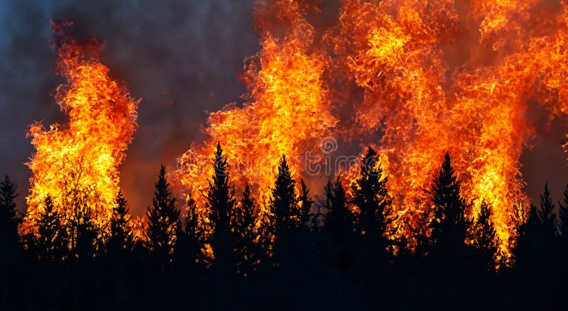 Giant Fire in the Middle of the Leafy Forest with High Flames and Smoke ...