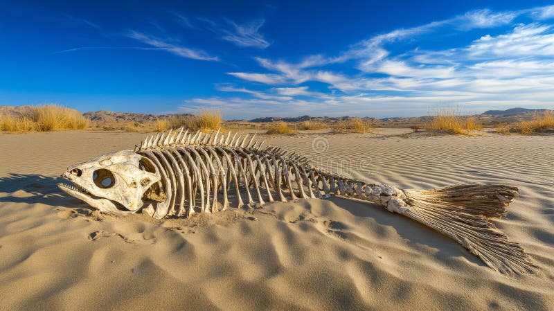 Giant Fish Skeleton on Sandy Desert Under Blue Sky, Climate Change ...