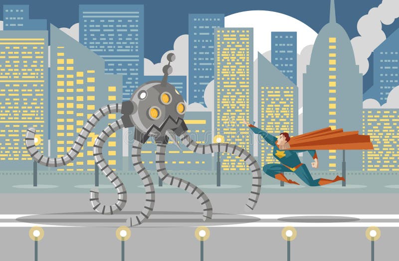 Giant Flamethrower Robot Fighting a Superhero Stock Vector ...