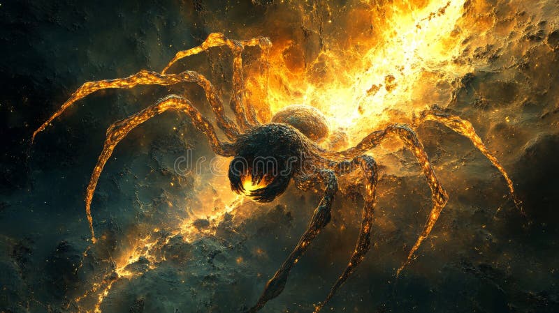 Giant Flaming Spider Emerging from Burning Nebula in Outer Space Stock ...