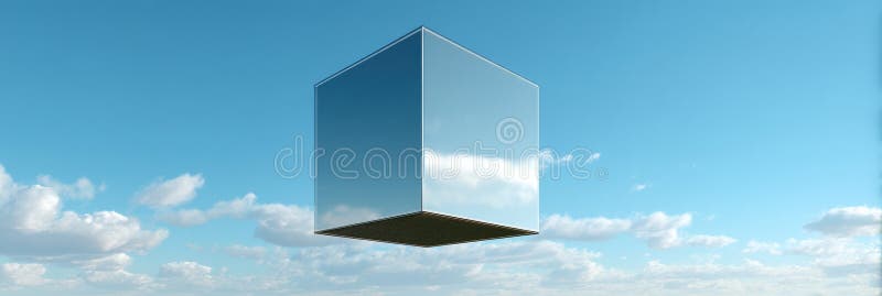 Giant Floating Box Suspended in a Clear Blue Sky Surrounded by Fluffy ...
