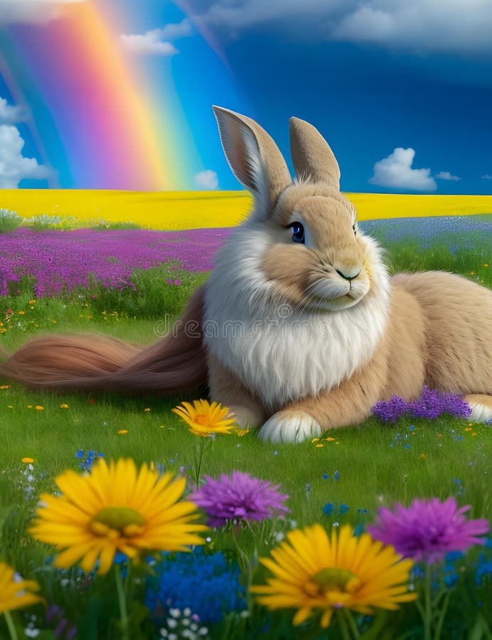 A Giant, Fluffy Rabbit with a Rainbow-colored Mane, Lounging in a ...