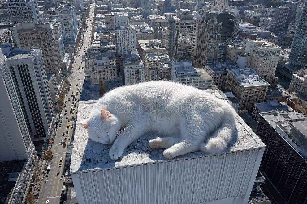 Giant Fluffy White Cat Sunbathing on Top of a Skyscraper Stock Illustration - Illustration of ...