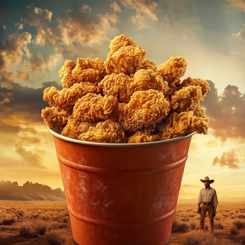 Giant Fried Chicken in Desert Landscape with Cowboy at Sunset Stock ...
