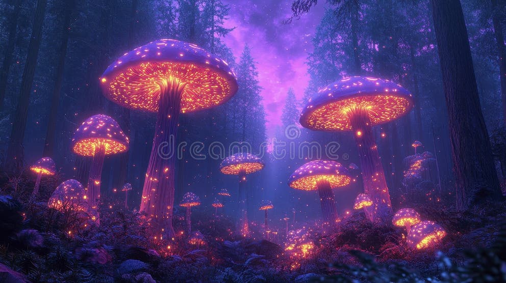 Giant Glowing Mushroom Forest at Dusk Stock Photo - Image of mushroom ...