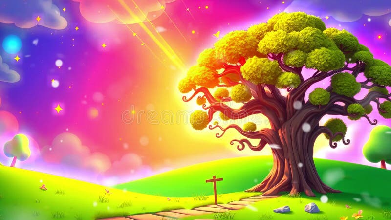 Giant Glowing Tree on a Bright Day: Animated Scene Featuring a Stone ...