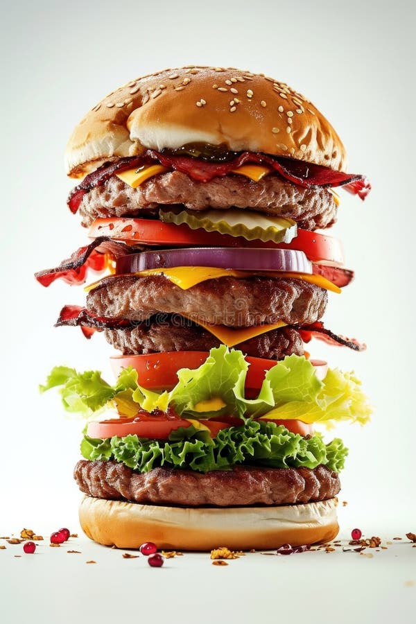 A Giant Hamburger is Piled High with Multiple Layers of Ingredients ...