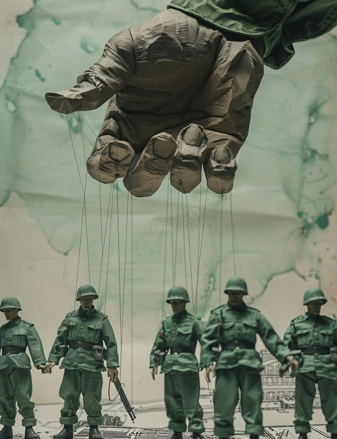 Giant Hand Controlling Tiny Soldiers on a Mapthemed Backdrop with a ...