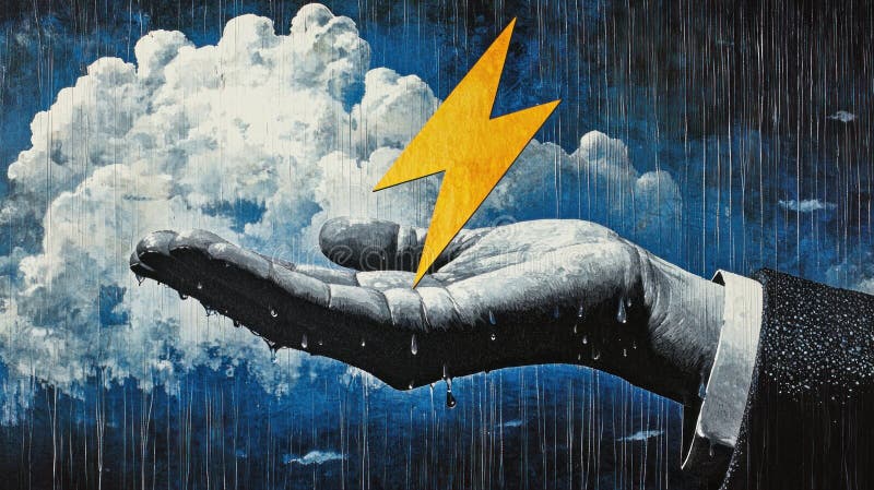 Giant Hand Holding a Lightning Bolt Under a Dark Stormy Sky. Stock ...