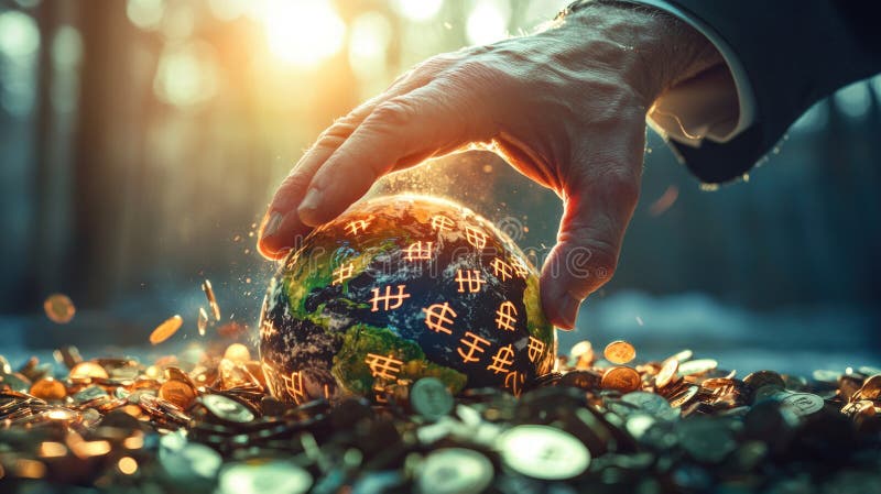 Giant Hand is Pushing Down on Globe Surrounded by Coins, Symbolizing ...