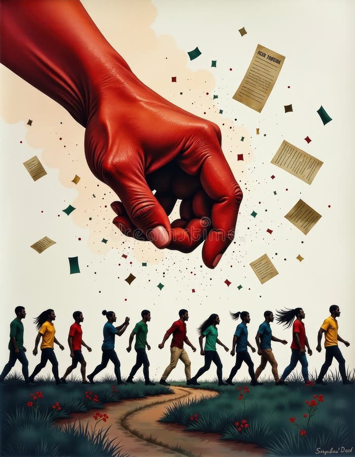 Giant Hand Scattering Documents Over a Line of People Walking on a Path ...