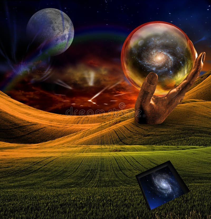 Giant Hand Sculpture Holds Galaxy Stock Illustration - Illustration of ...