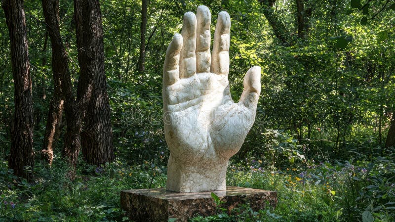 Giant Hand Sculpture in a Lush Forest Setting Stock Illustration ...