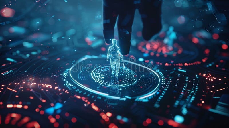 Giant Hand Selecting Hologram of Person on Futuristic Control Panel ...