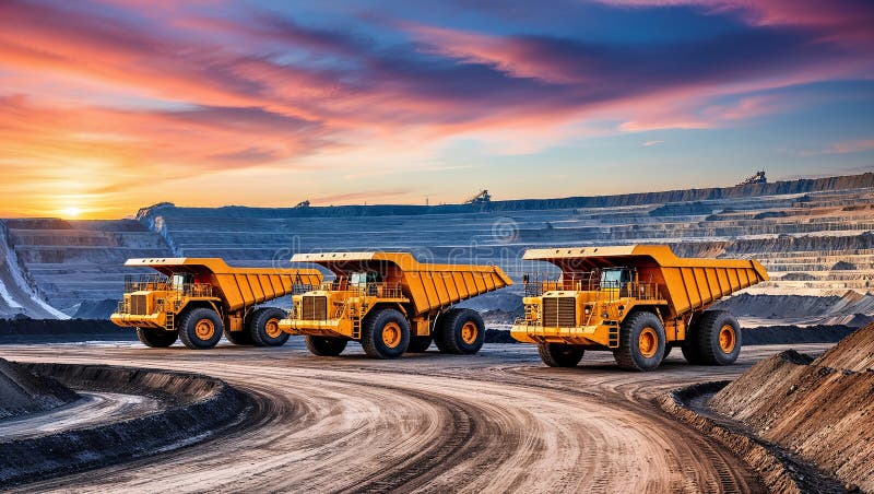 Giant Haul Trucks Working in Open Pit Mine at Sunset Stock Illustration ...