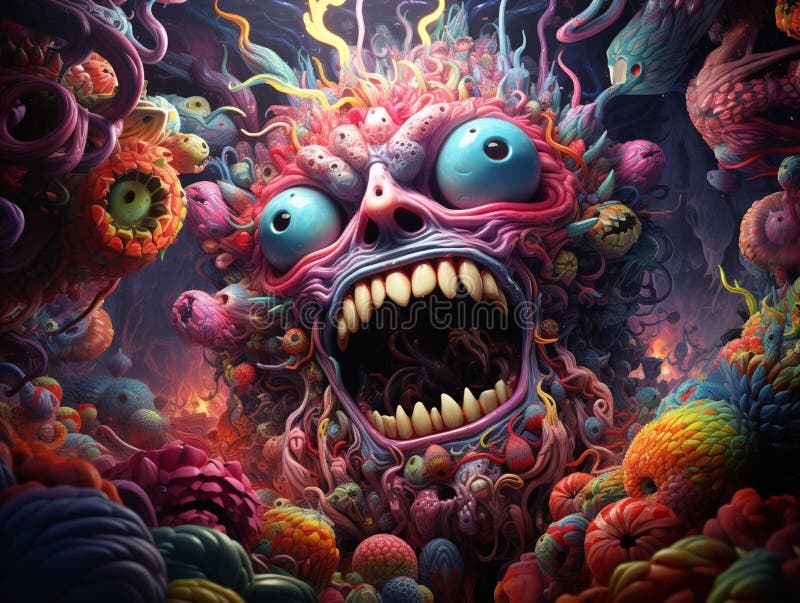 The Giant Head of a Weird Looking Creature Surrounded by Many Other ...