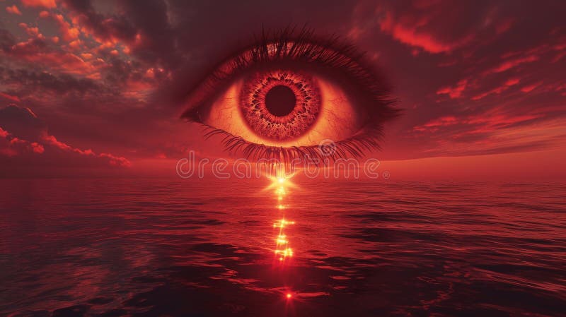 Giant Human Eye with Sunset Reflection Over the Ocean with Dramatic Sky ...