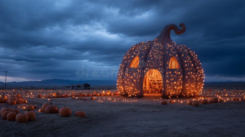 Giant Illuminated Pumpkin in a Field at Night Stock Photo - Image of ...