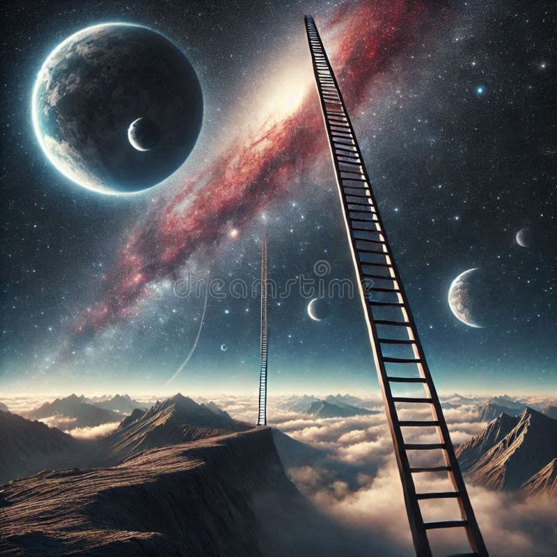 A Giant Ladder Reaching Up To a Tiny Planet. - 1 Stock Illustration ...