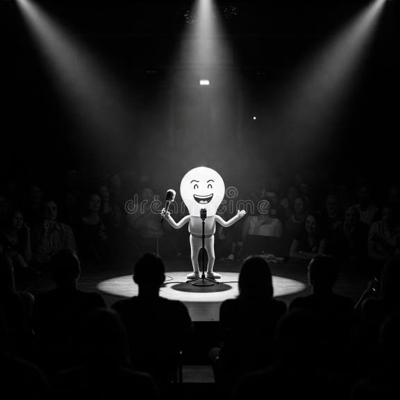 Giant Light Bulb Comedian on Stage in Front of the Audience. Stock ...