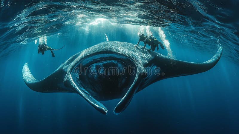 Giant Manta Ray Feeds in Open Blue Water, Somersaulting Stock Image ...