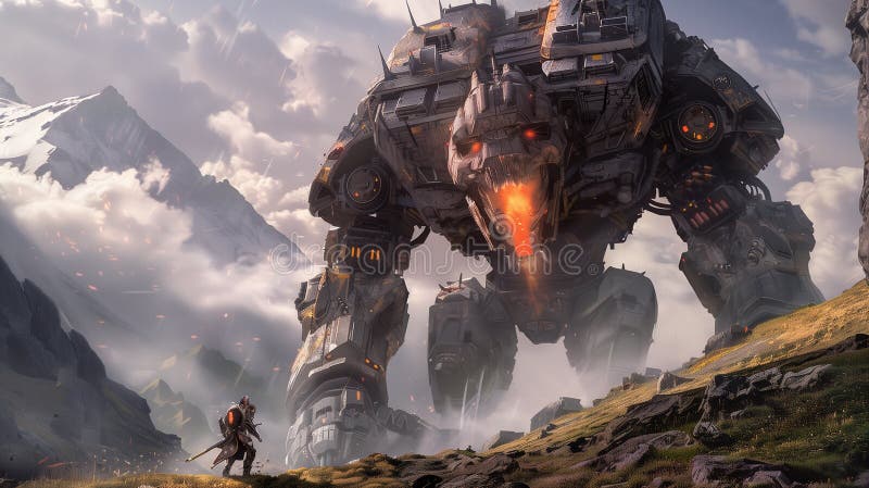 Giant Mech Battling a Colossal Monster Stock Illustration ...