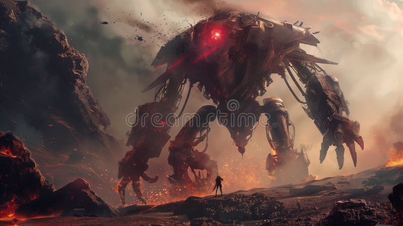 Giant Mech Battling a Colossal Monster Stock Illustration ...