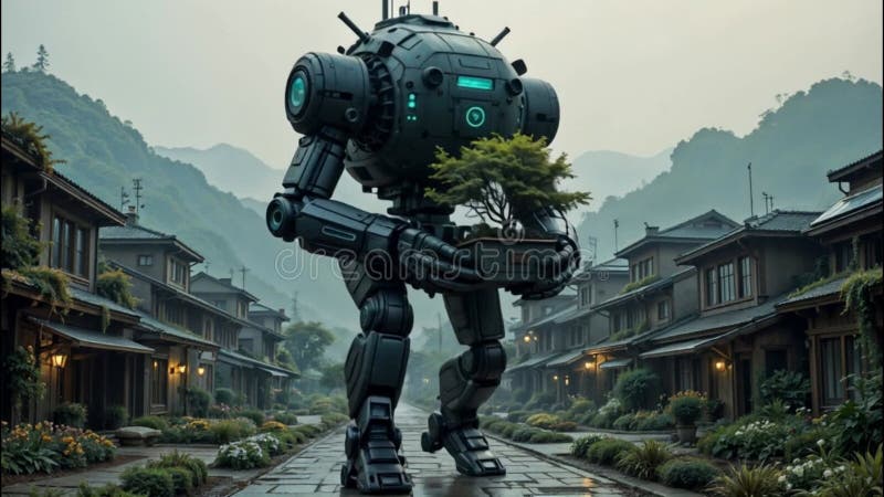 Giant Mech Robot Carries a Tree Seedling. AI Generated. Stock Video ...