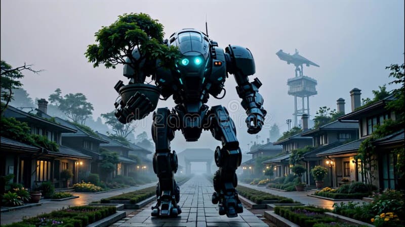 Giant Mech Robot Carries a Tree Seedling. AI Generated. Stock Video ...