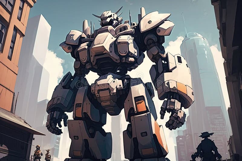 Giant Mecha Robot Towering Over Buildings. Generative AI Stock ...