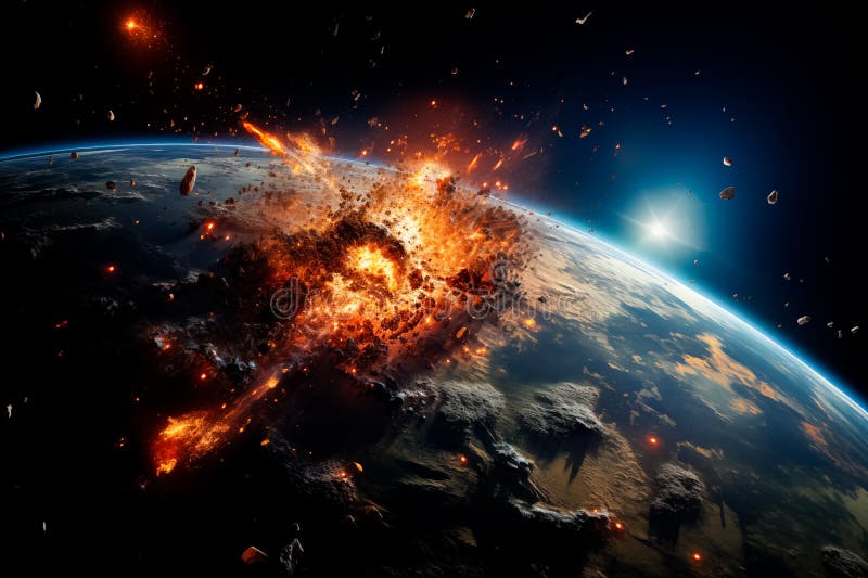 Giant Meteorite Surrounded by Flames Impacting Planet Earth Stock ...