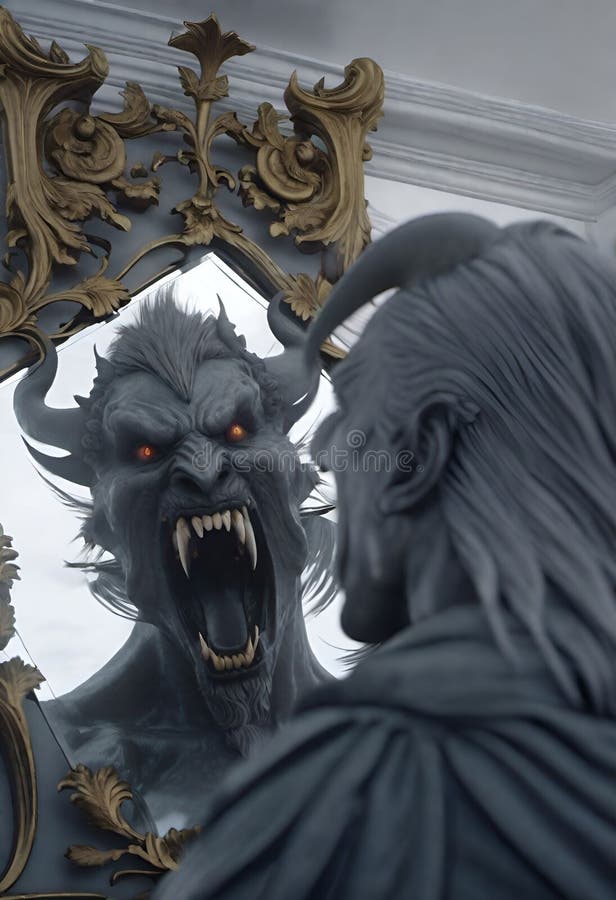 A Giant Mirror with a Demon Looking in it S Reflection Stock ...