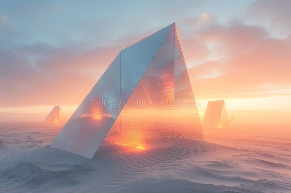Giant Mirror Triangle Structures in Desert Sunrise Stock Illustration ...