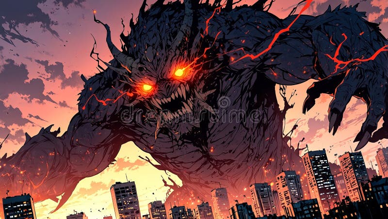 A Giant Monster with Glowing Eyes Destroying Cities,. Anime Style Stock ...