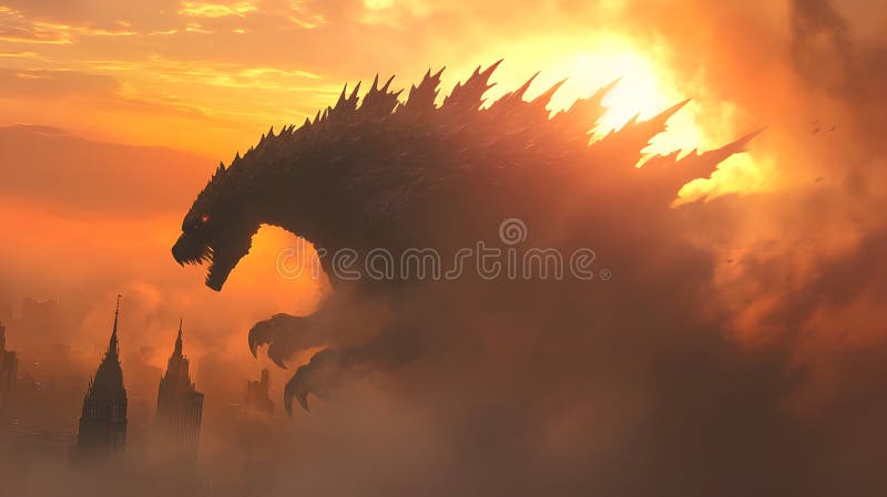 Giant Monster Godzilla Silhouette in Sunset Over Cityscape Stock ...