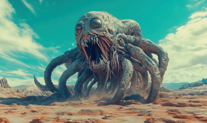 Giant Monstrous Creature with Multiple Tentacles in Alien Landscape ...