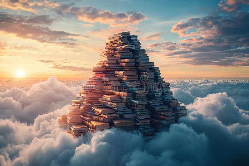 A Giant Mountain of Books Rises Above the Clouds in the Sky at Sunset ...