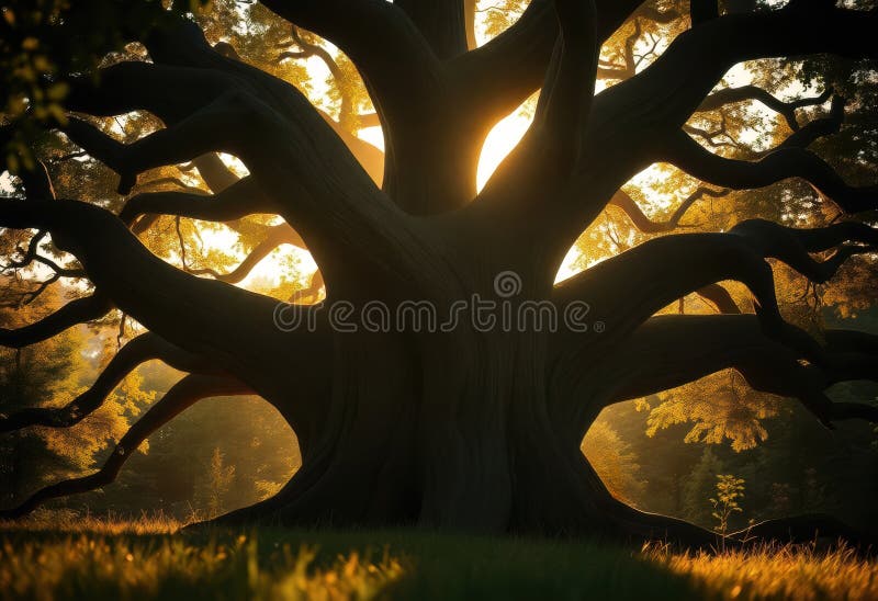 A Giant Mystical Tree with Sunrise Light Stock Photo - Image of ...