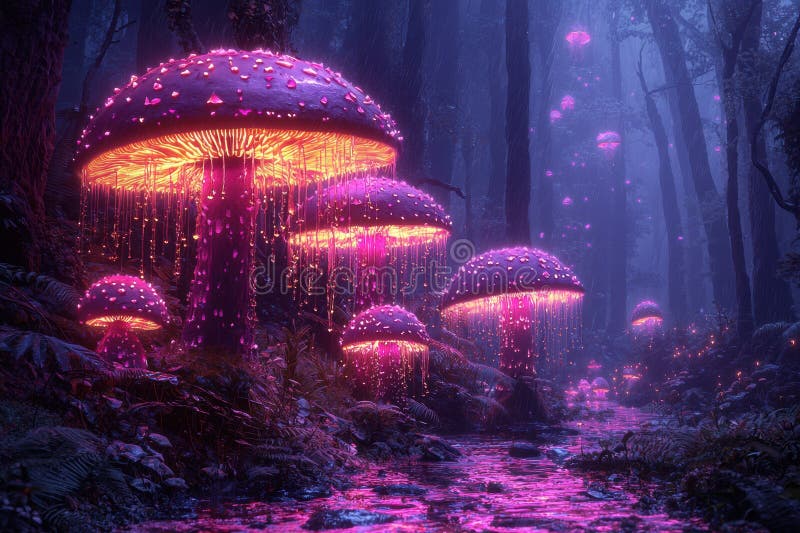 Giant Neon Mushrooms Glowing in Mystical Forest with Stream Stock Photo ...